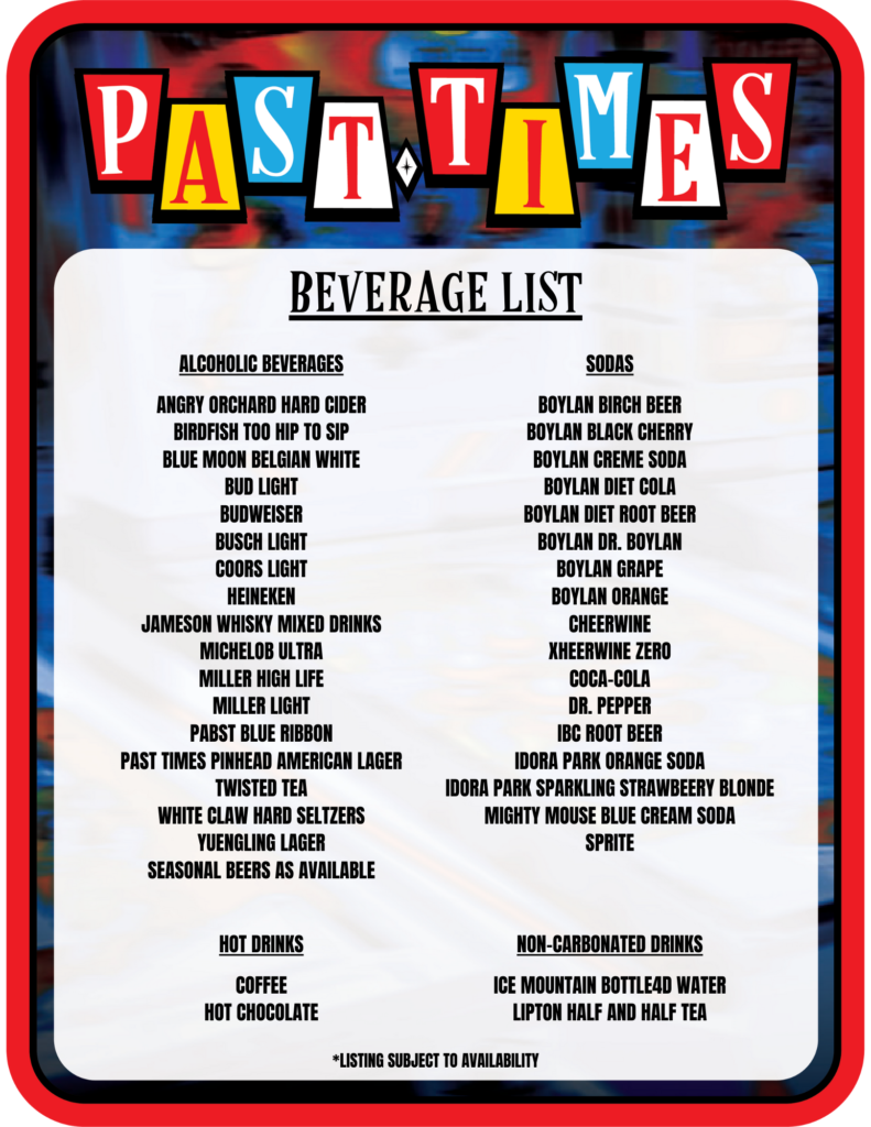 Cafe Menu - Past Times Arcade
